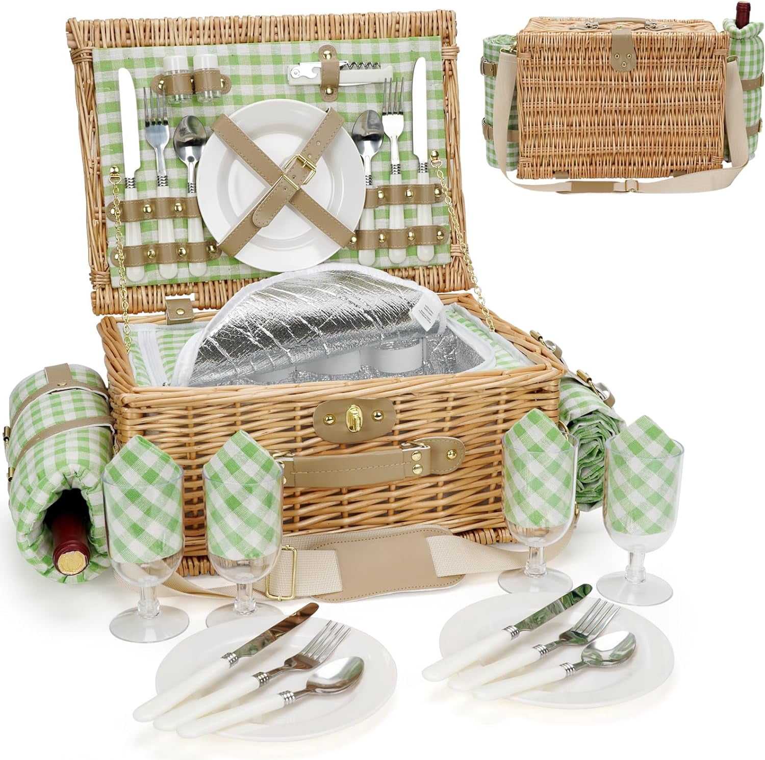 Picnic Basket for 2, Insulated Willow Picnic Baskets with Shoulder ...