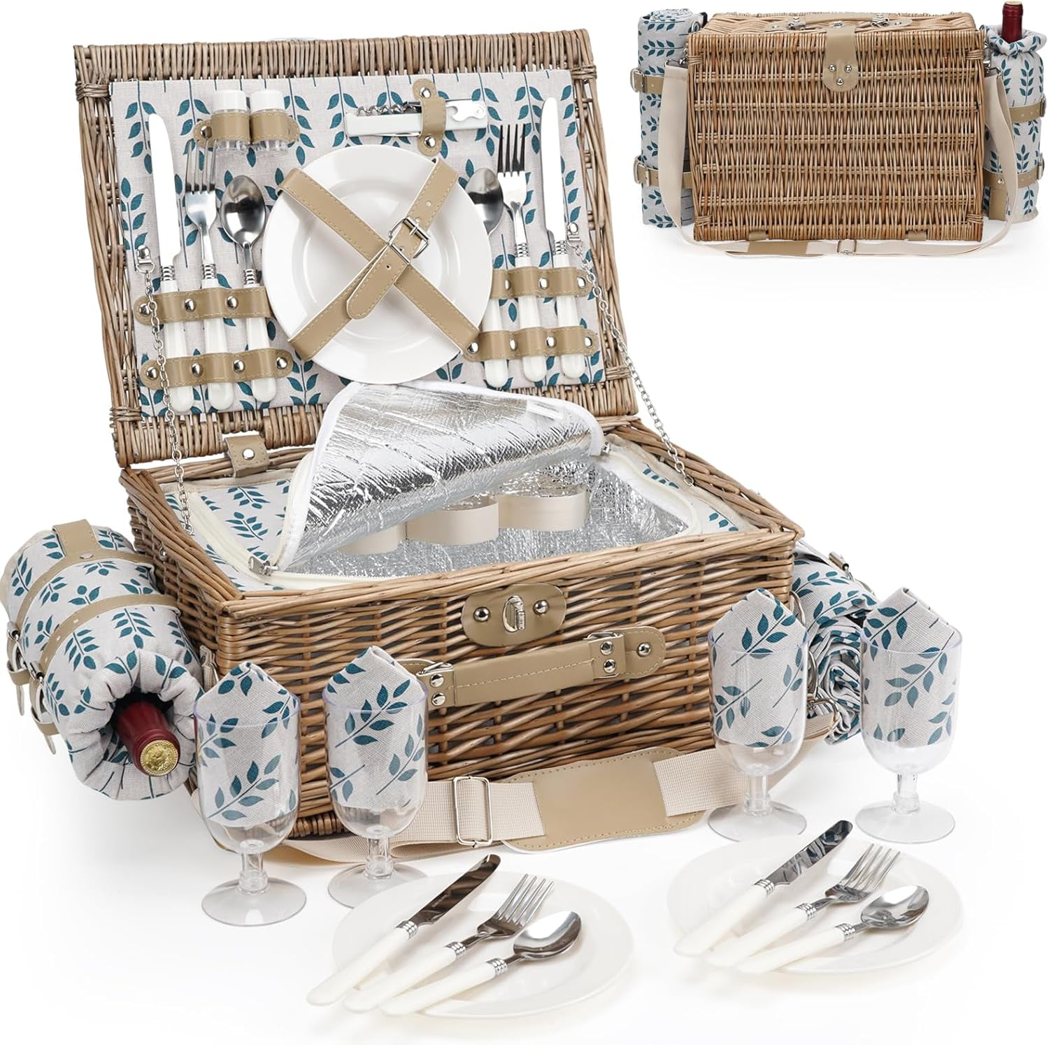 Picnic Basket for 2, Insulated Willow Picnic Baskets with Shoulder ...