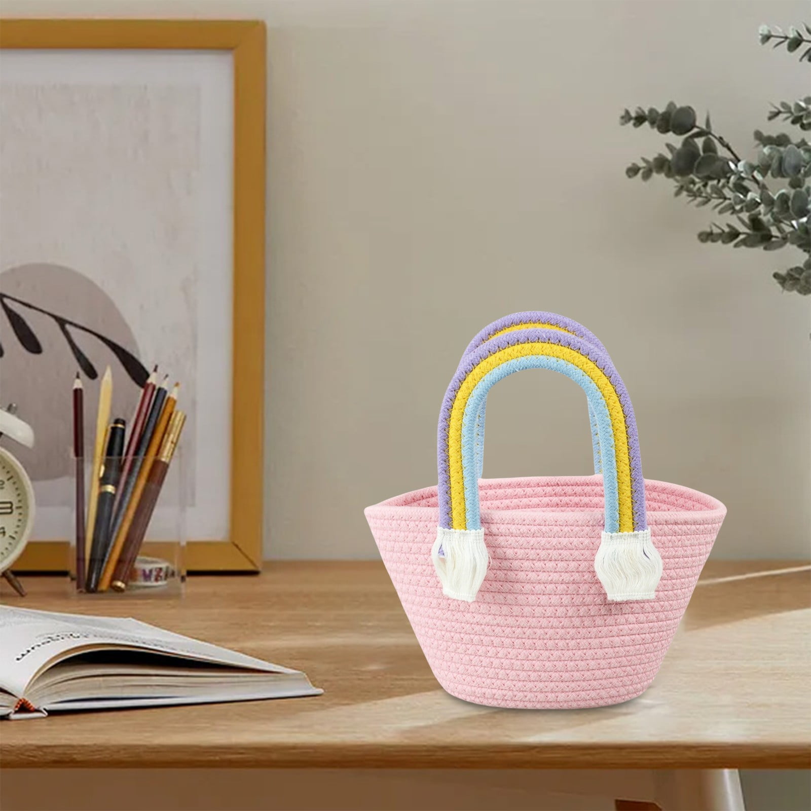 Picnic Basket, Natural Woven Basket with Double Folding Handles, Cotton ...