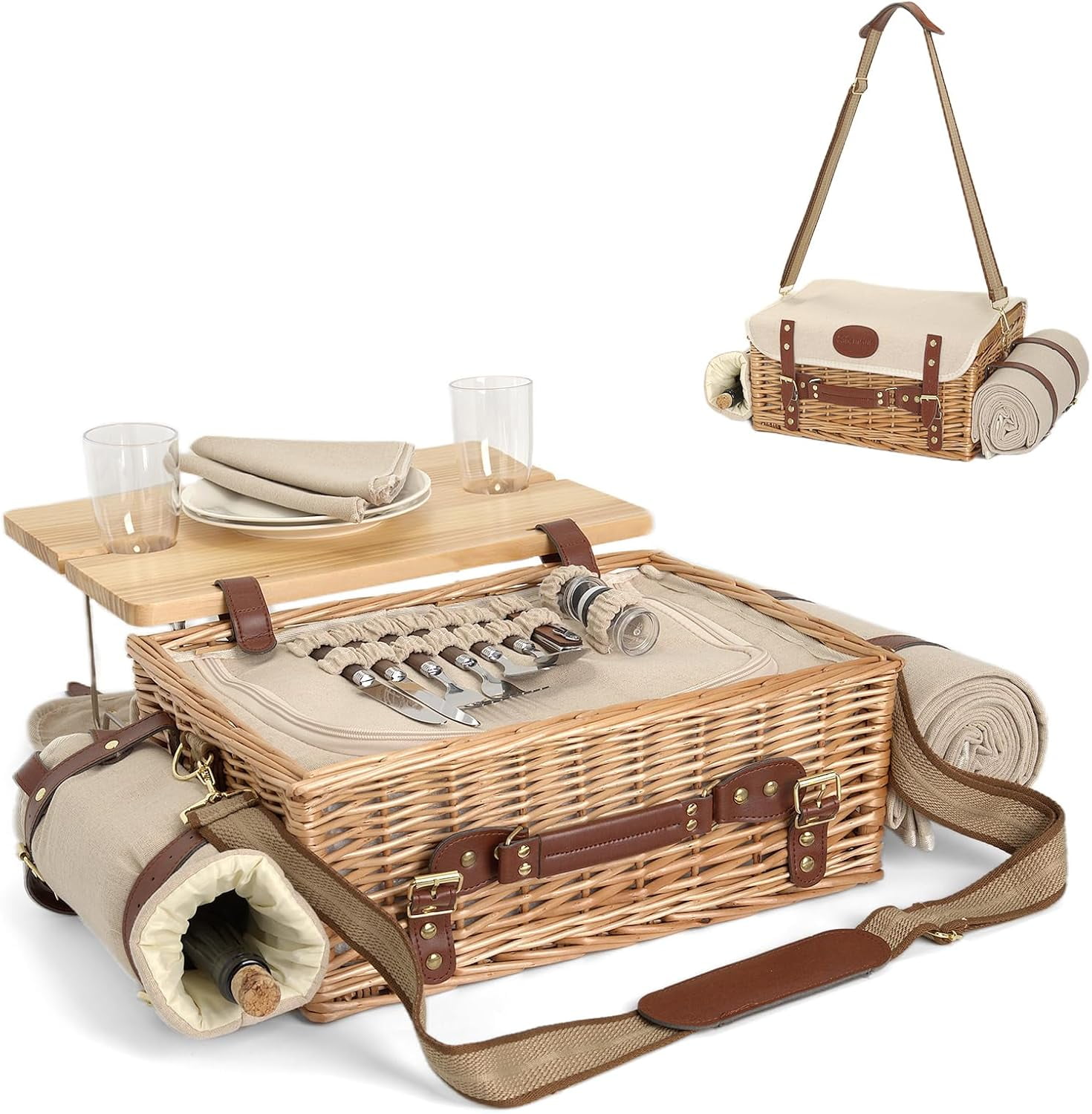 Picnic Basket Set for 2 with Waterproof Blanket Insulated Wine Pouch ...