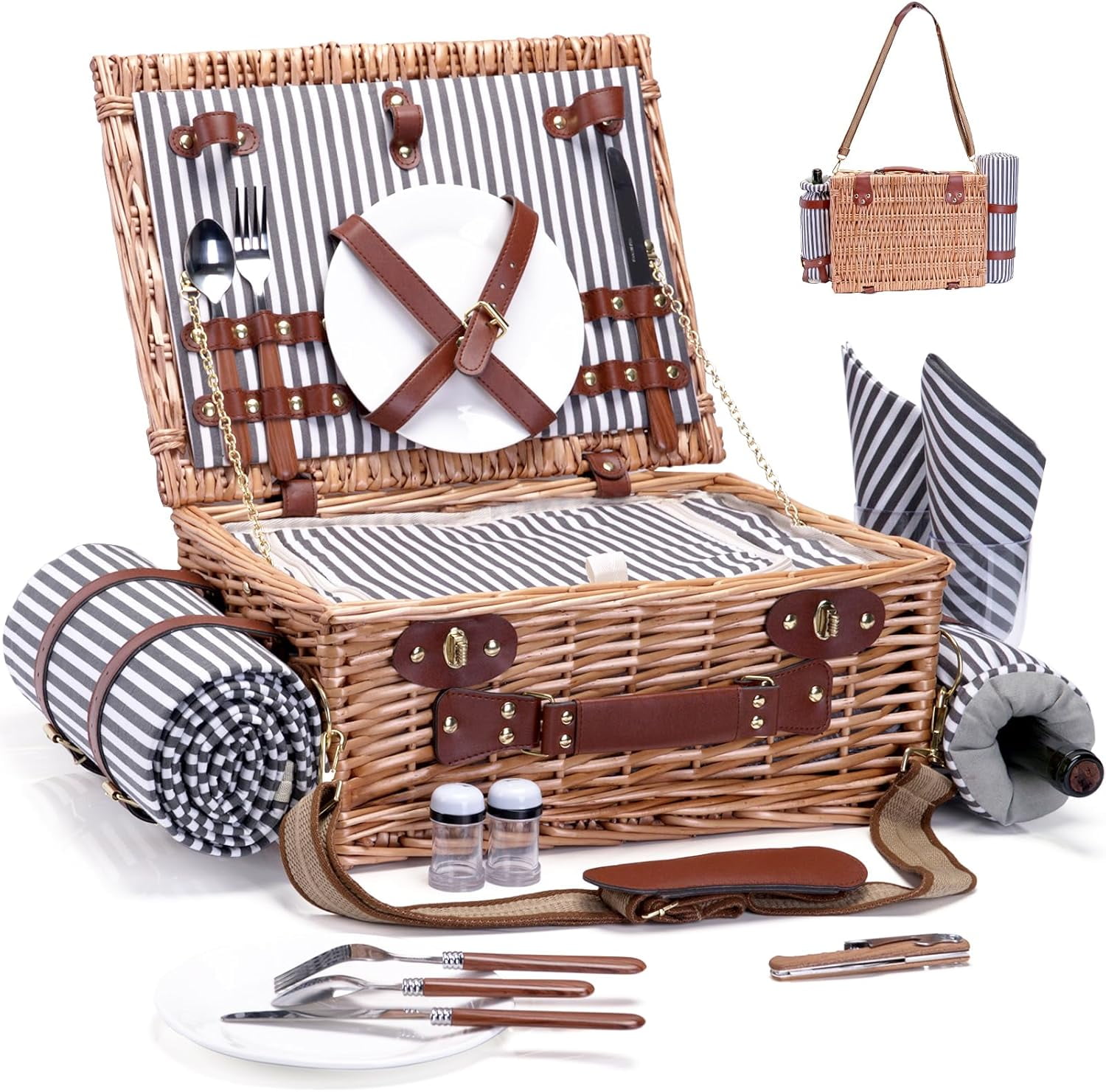 Picnic Basket Set for 2 with Waterproof Blanket Insulated Wine Pouch ...