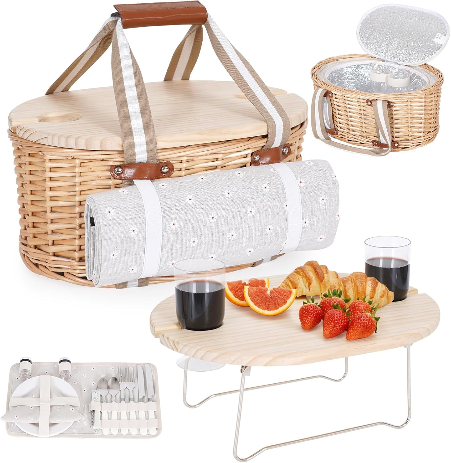 Picnic Basket Set for 2 - Wicker Insulated Picnic Basket with ...