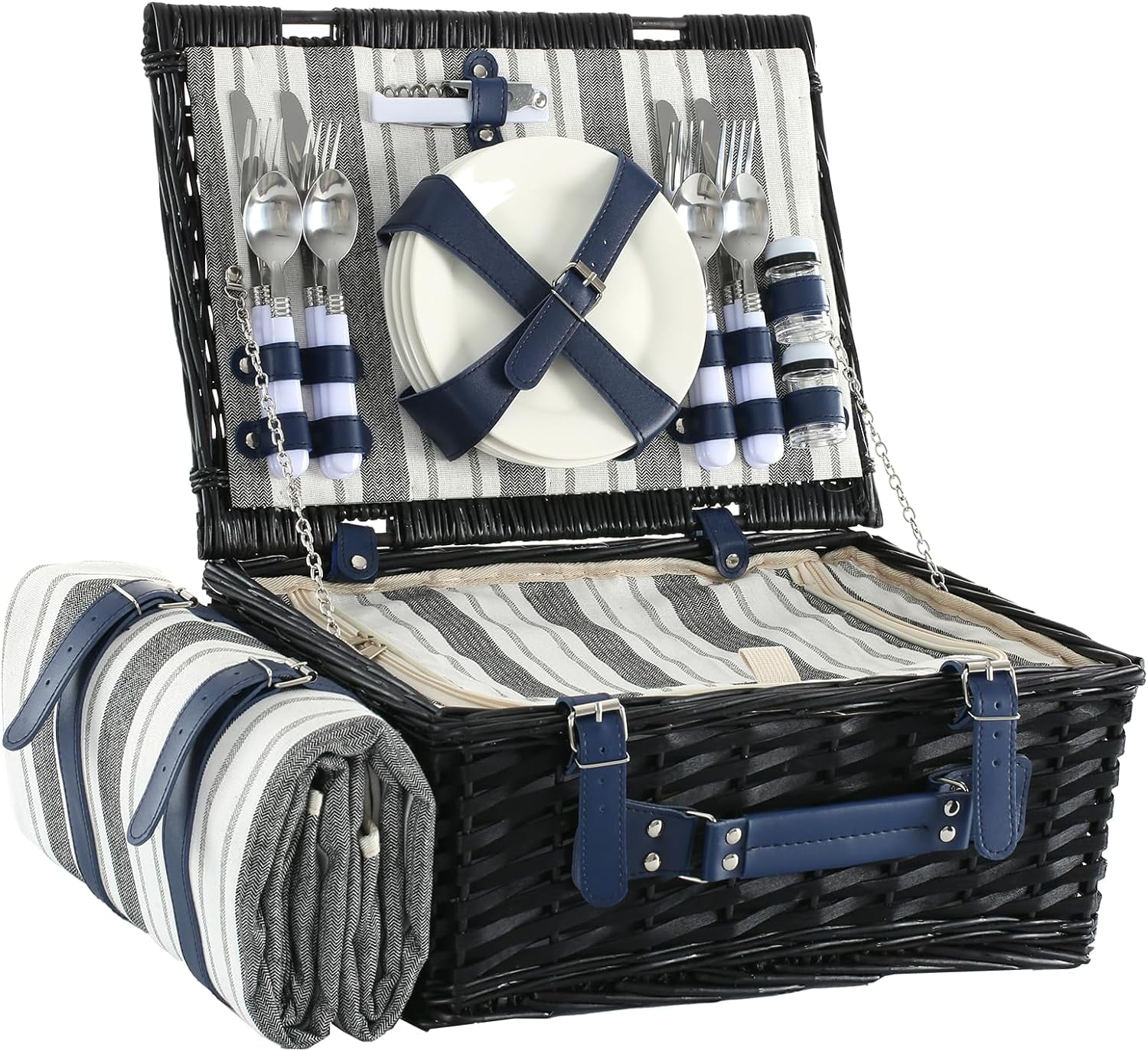 Picnic Basket Set for 4 with Waterproof Picnic Blanket and Insulated Cooler, Large Wicker Picnic ...