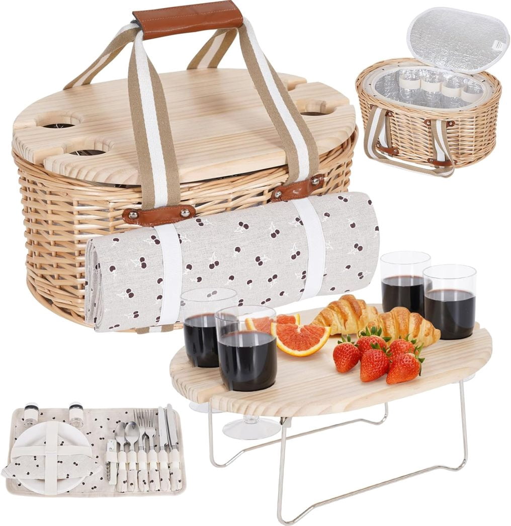Picnic Basket Set for 4 - Wicker Insulated Picnic Basket with ...