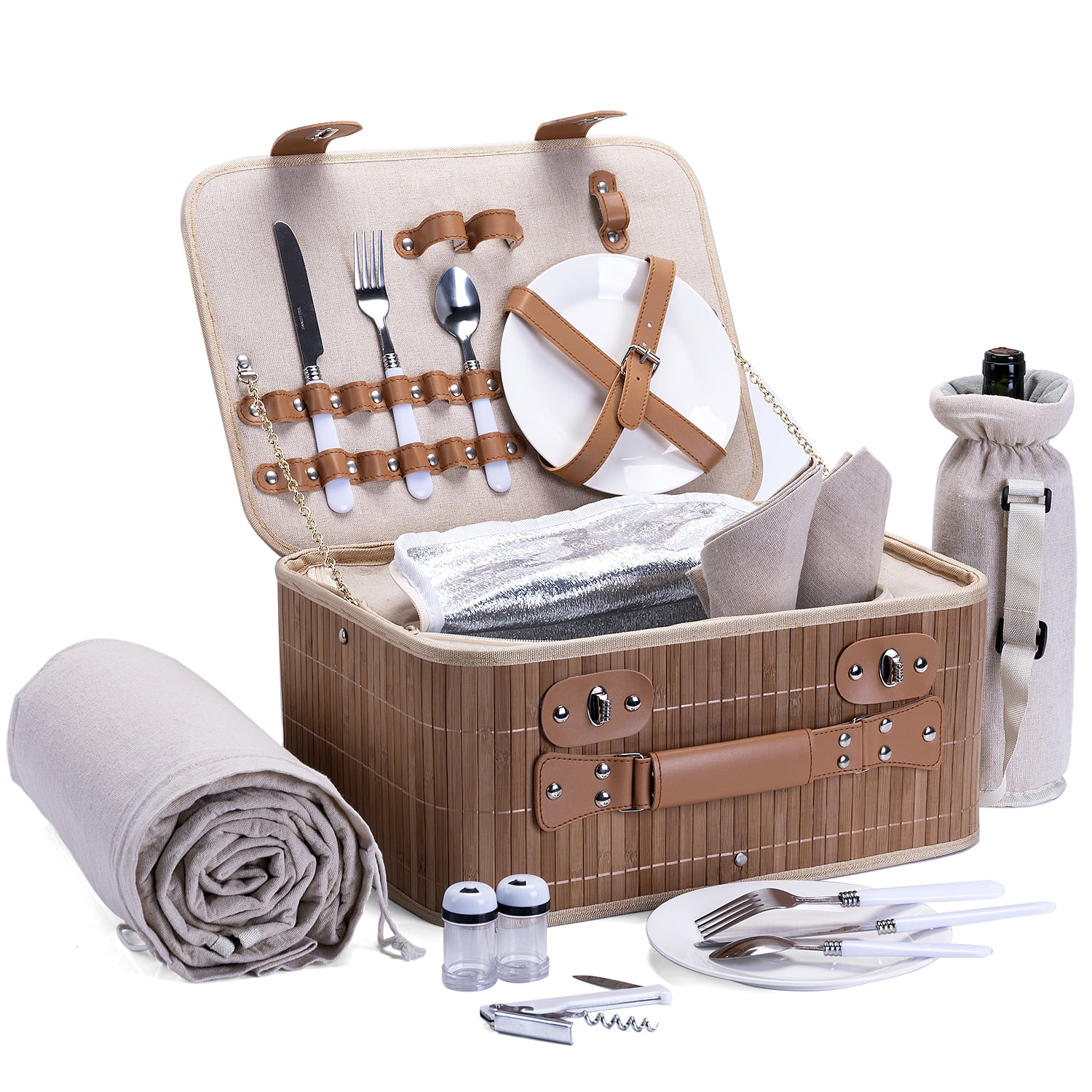 Picnic Basket Set for 2 with Full Cutlery,Waterproof Blanket,Insulated ...