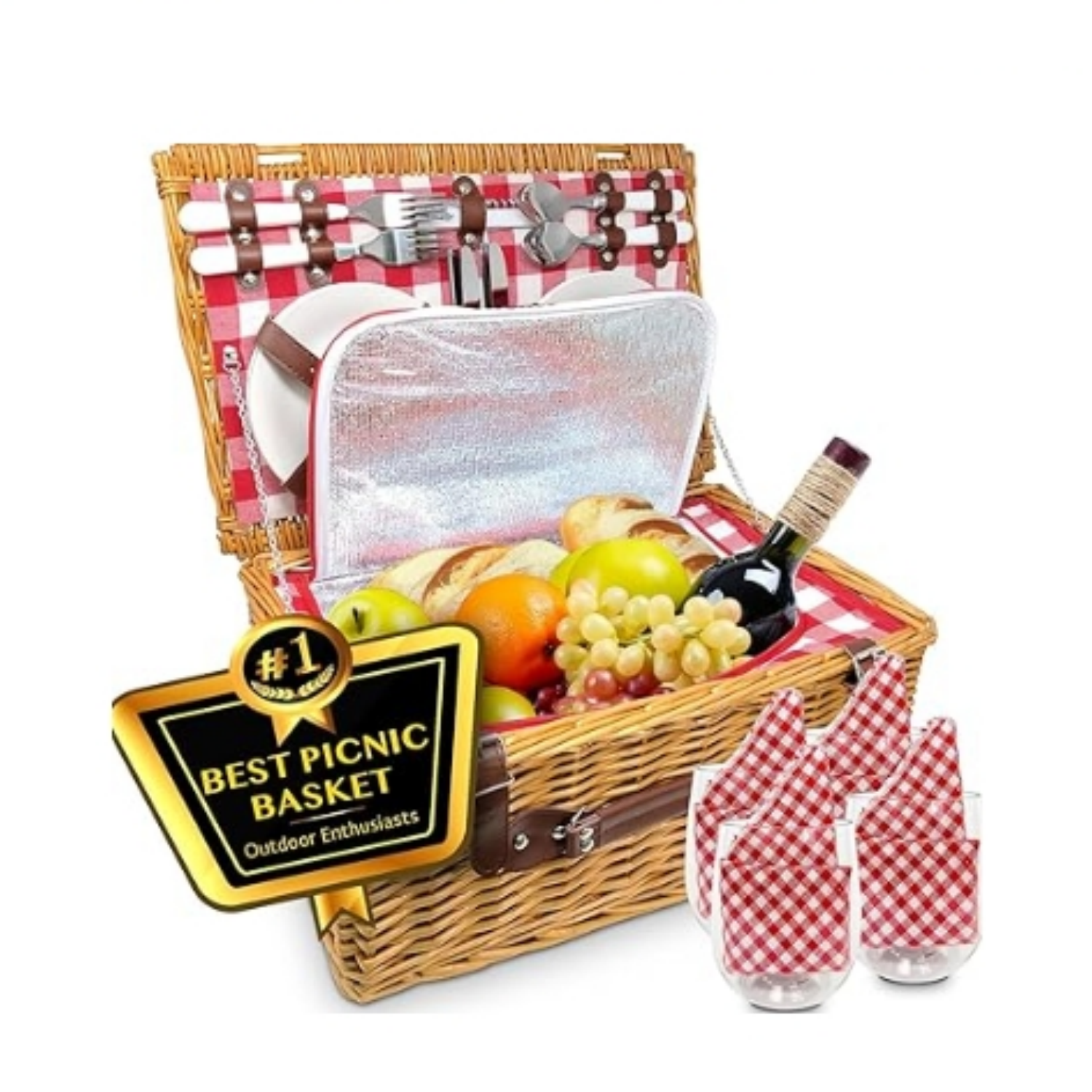 Picnic Basket, Wicker Basket with Handle for Outdoors, Insulated Woven ...