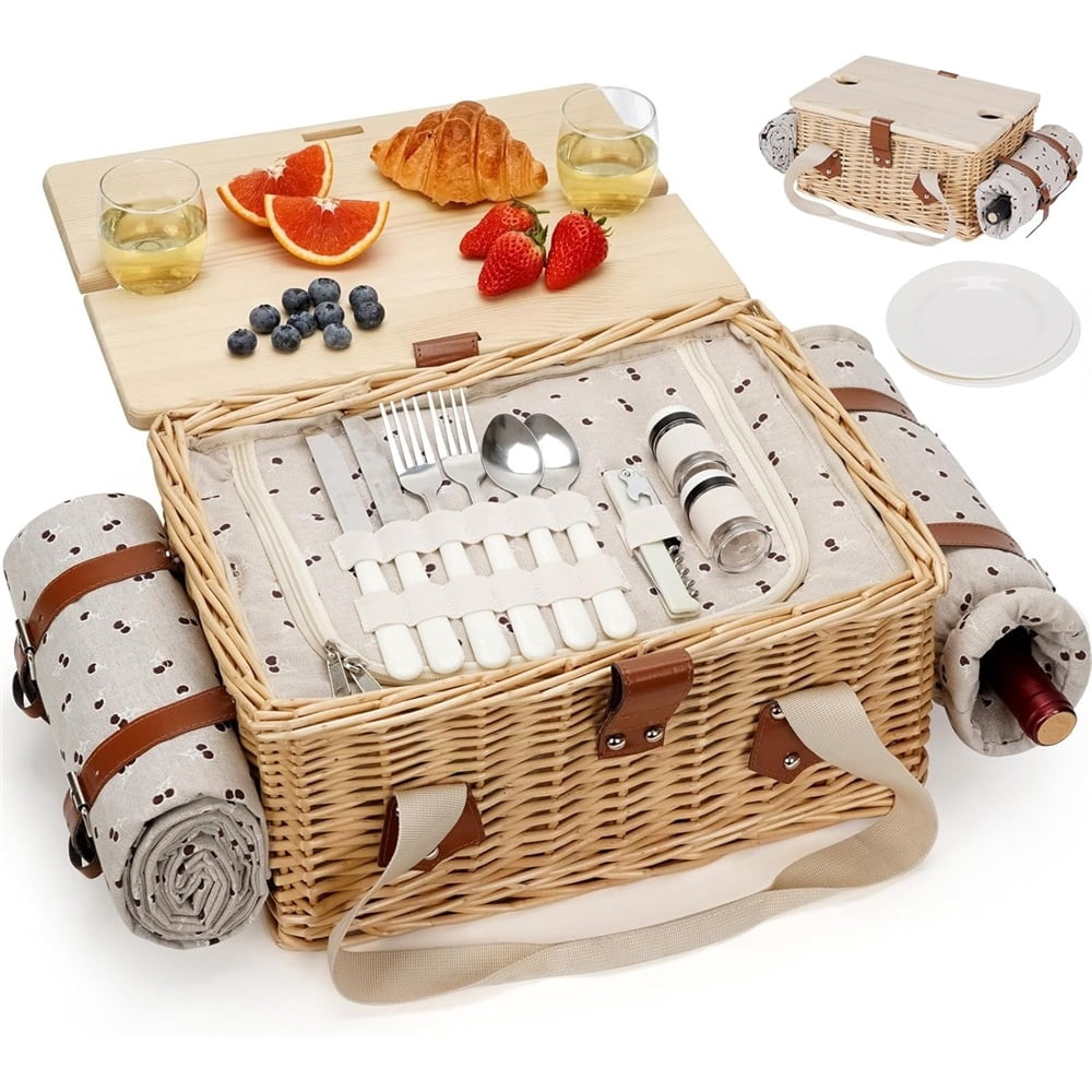 Picnic Basket for 2, Handmade Wicker Picnic Set with Folding Table and ...