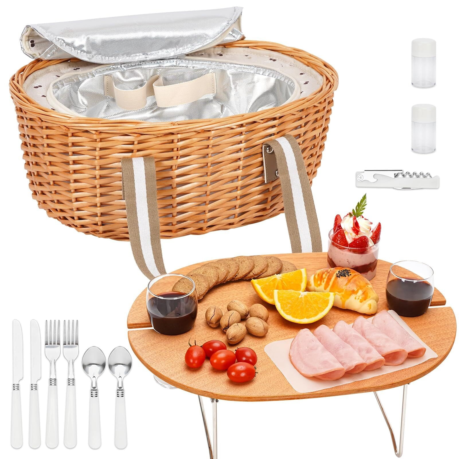 Picnic Basket for 4, Insulated Wicker Hamper with Folding Table, Willow ...