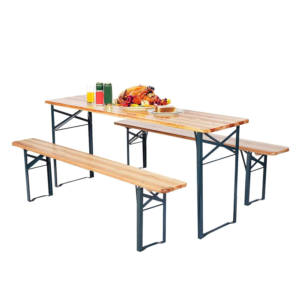 Picnic Beer Table, Wooden Outdoor Dining Table Set with Wood Grain ...