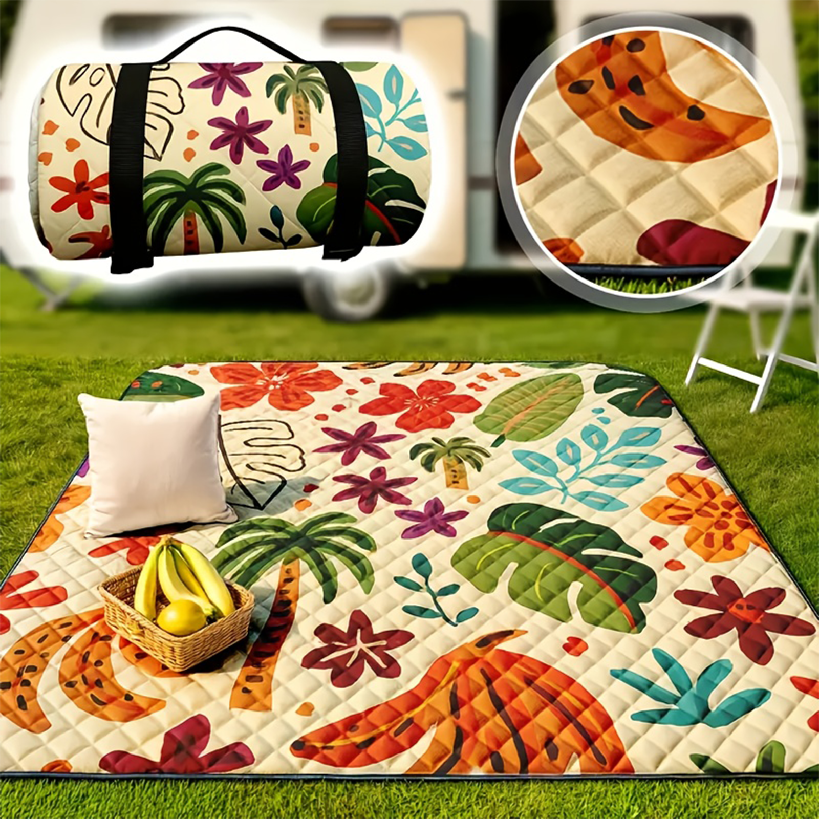 Picnic Blanket with Handles, Triple-Layer Soft Design, Durable Fabric ...