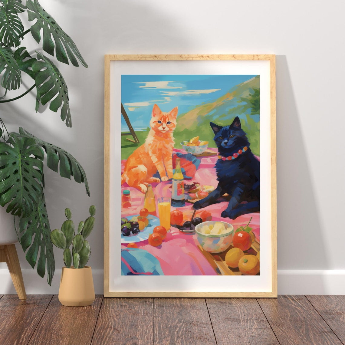 Picnic Cat Art Print, Maximalist Cat Poster, Cat Picnic Artwork, Quirky ...