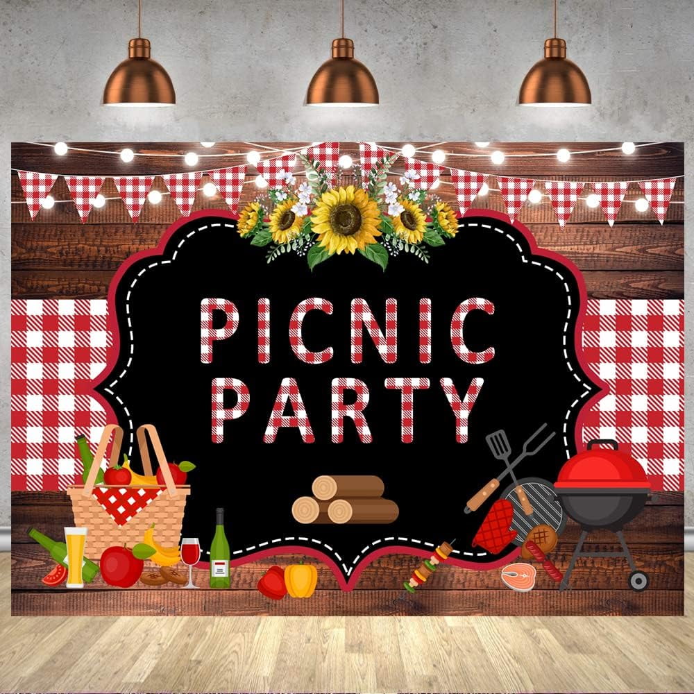 Picnic Party Backdrop Wooden Red White Checkered Mat String Lights BBQ ...