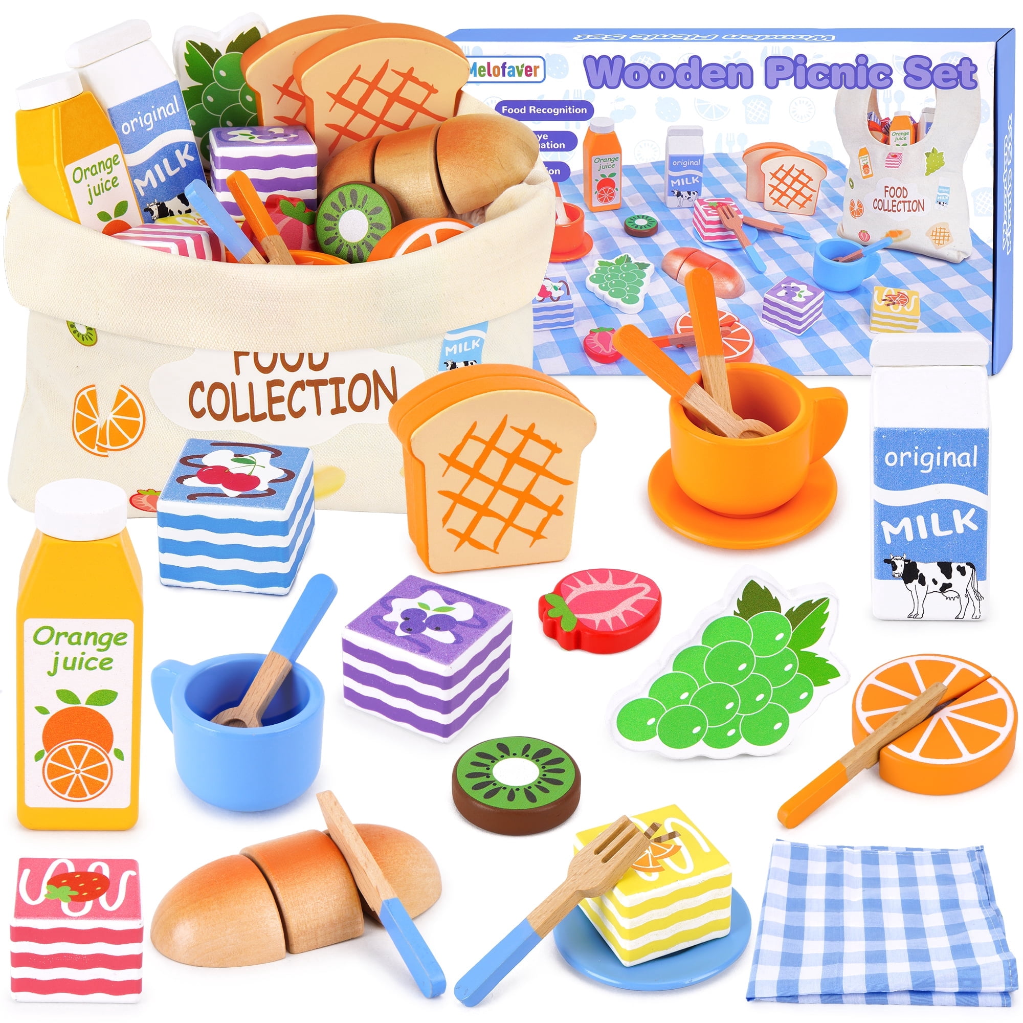 Picnic Set for Kids, Pretend Play Food for Toddlers 1-3, 24 Pcs Wooden ...