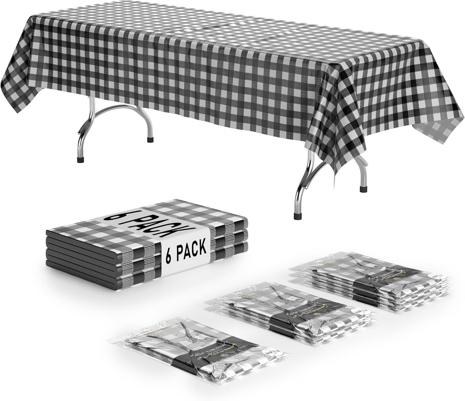 Picnic Table Cover - 6 Pack Premium Rectangle Plastic Tablecloth - Black & White Checkered BBQ ...