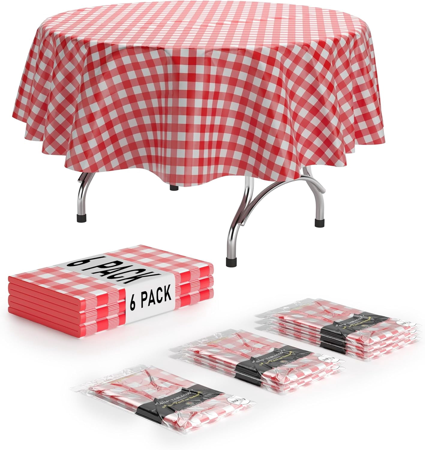 Picnic Table Cover - 6 Pack Round Plastic Tablecloth - Red & White ...