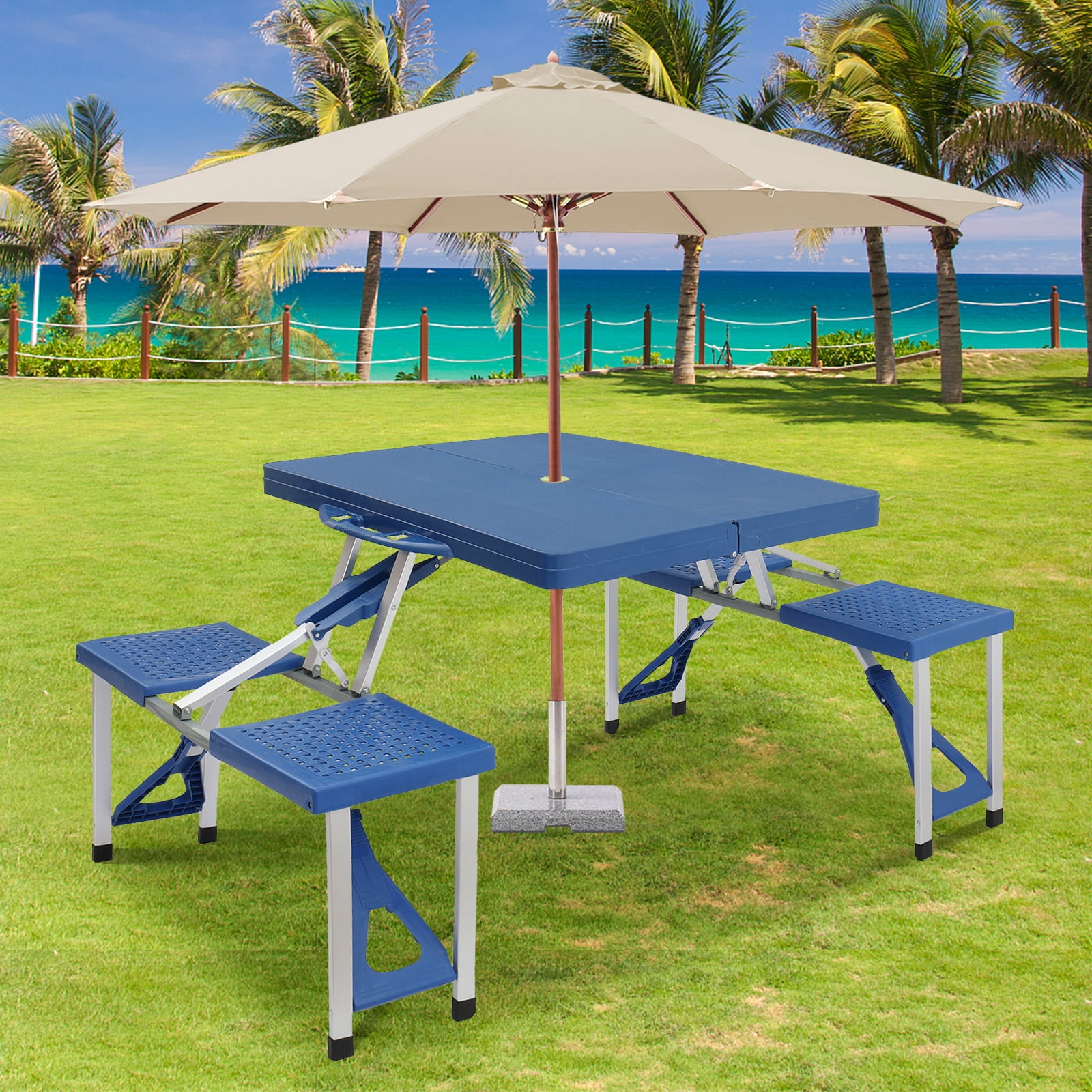 Picnic Table Foldable with Table and Chairs, Umbrella Hole, Outdoor ...