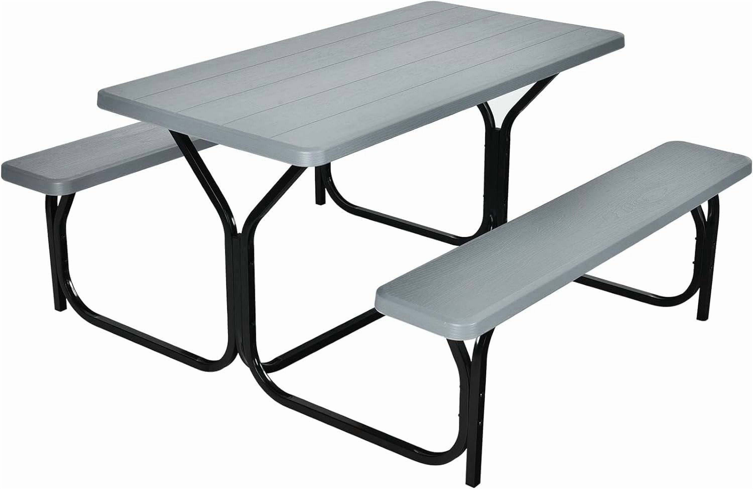 Picnic Table, Outdoor Table Bench Set with Metal Frame & Wood-Like ...