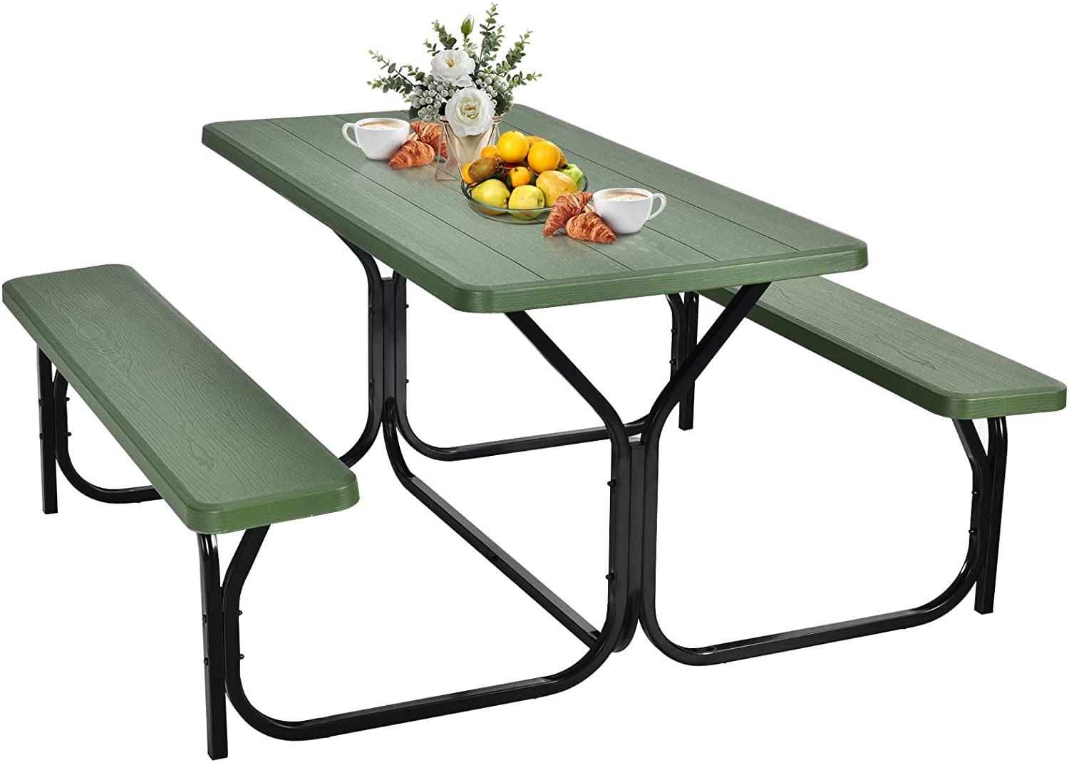 Picnic Table, Picnic Bench Easy to Assemble w/All Weather Wood Grain ...