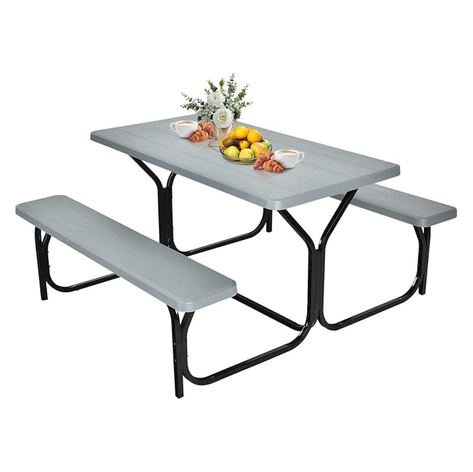 Picnic Table, Picnic Easy to Assemble w/All Weather Wood Grain & Metal ...