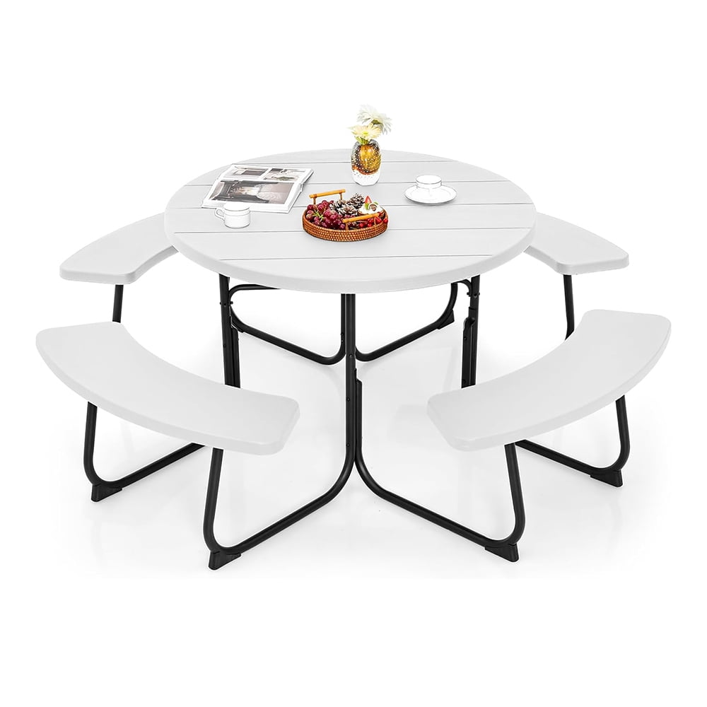 Picnic Table Set for Up to 8 Persons, Round Outdoor Table and Bench Set ...