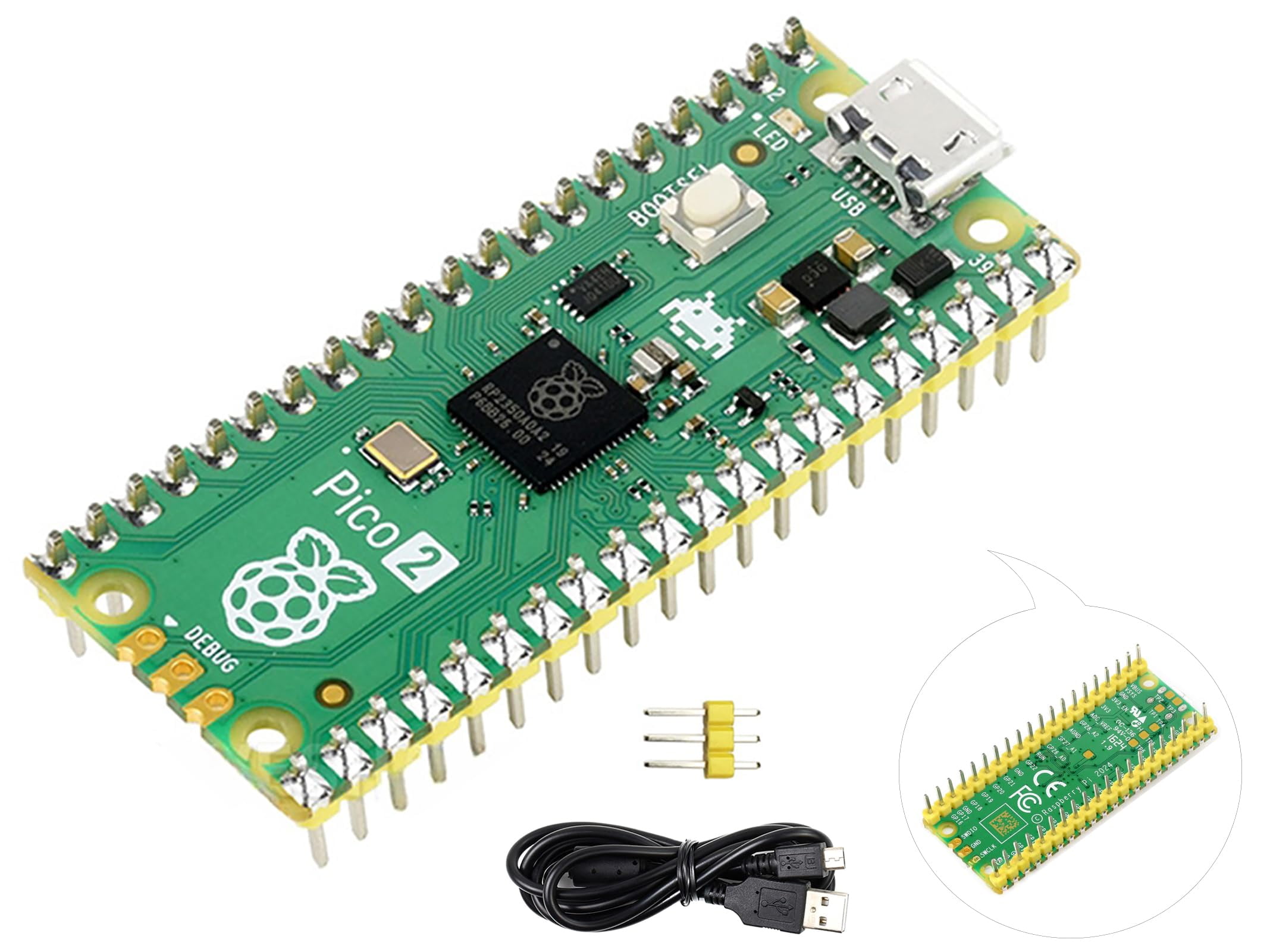 Pico 2 with Yellow KEF16 Pre-Soldered Header Compatible with Raspberry Pi Pico 2 Microcontroller ...