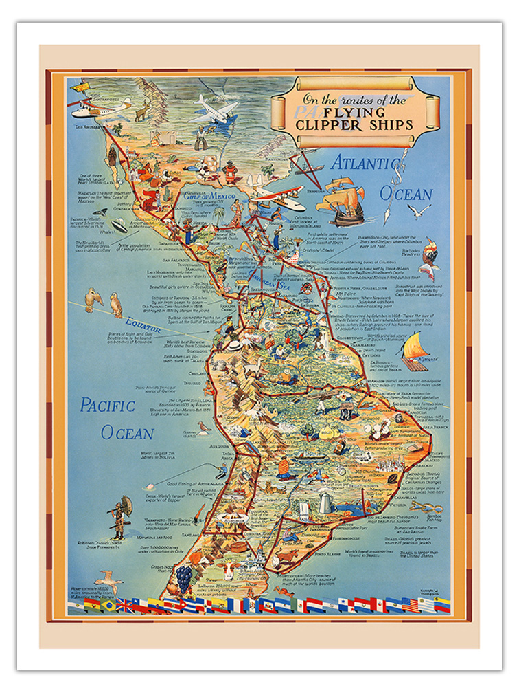 Pictorial Map North & South America - Flying Clipper - Pan American ...