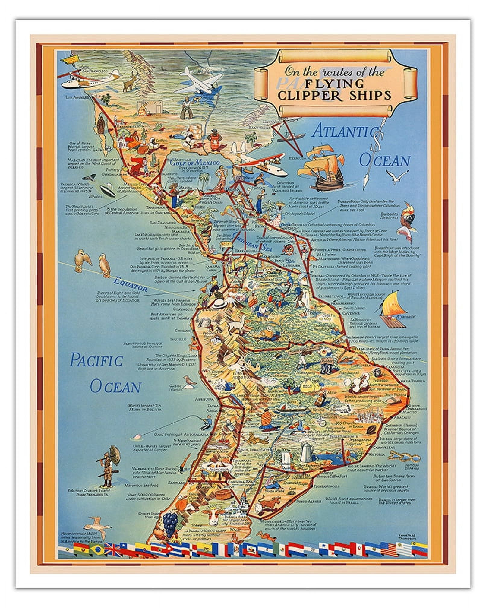 Pictorial Map North & South America - Flying Clipper - Pan American ...