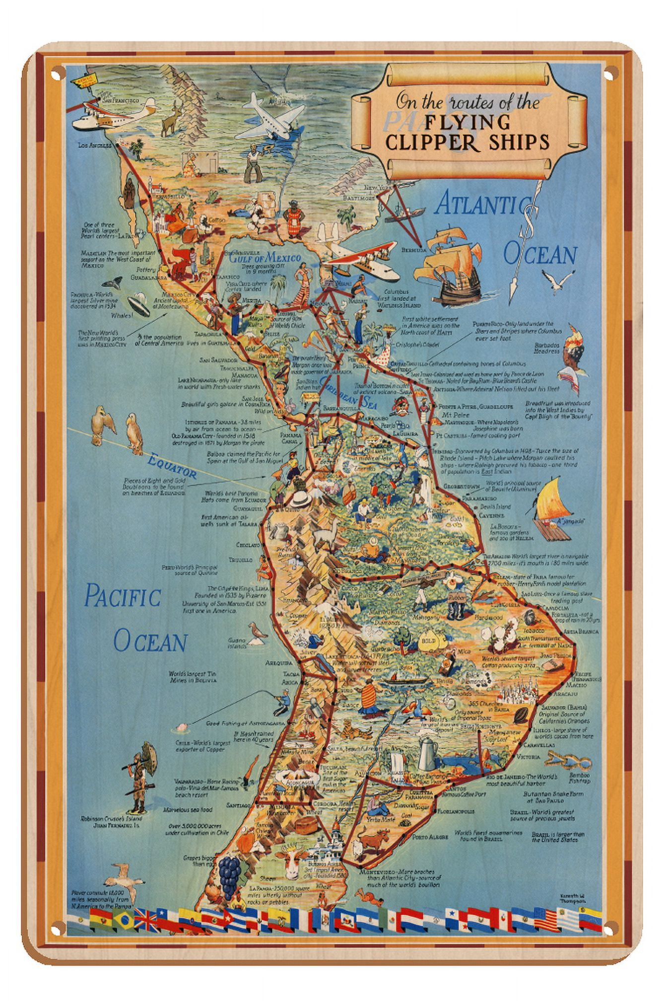 Pictorial Map North & South America - Flying Clipper - Pan American ...
