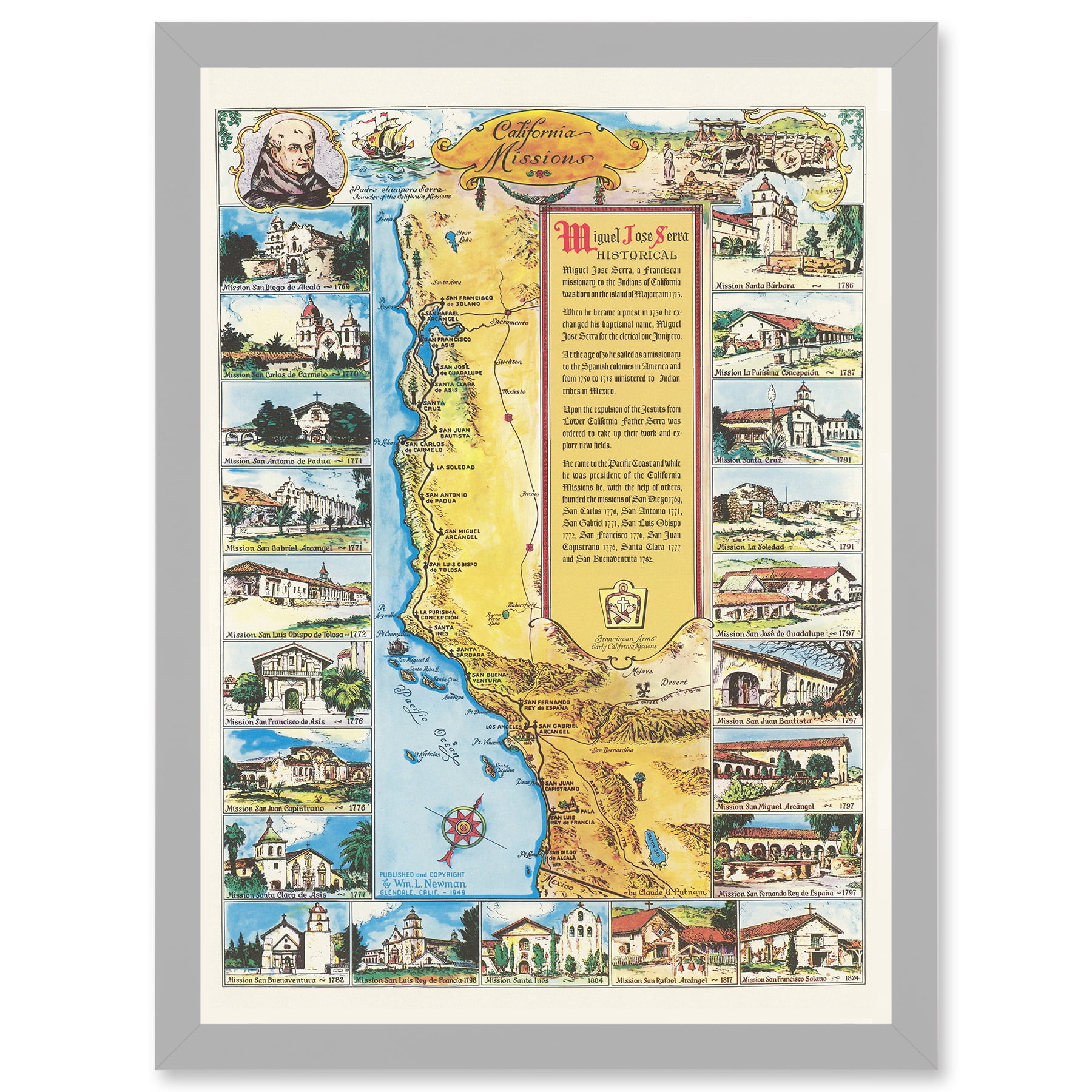 Pictorial Map Putnam 1949 California Missions History Artwork Framed ...