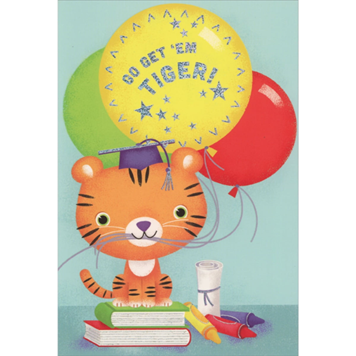 Pictura Cute Little Tiger Sitting on Textbooks and Holding Balloons ...