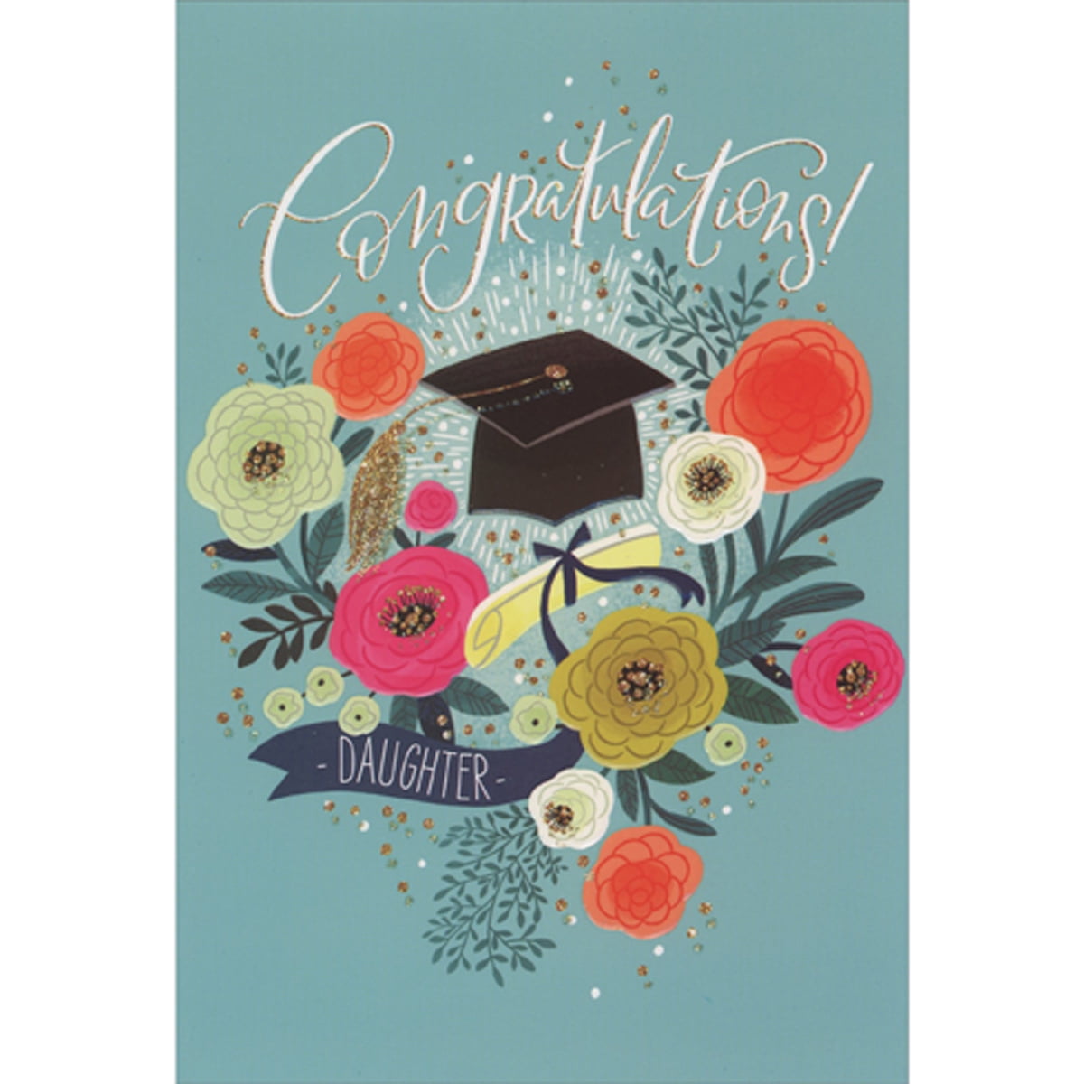 Pictura Grad Cap with Glitter Tassel, Diploma and Flowers on Blue ...