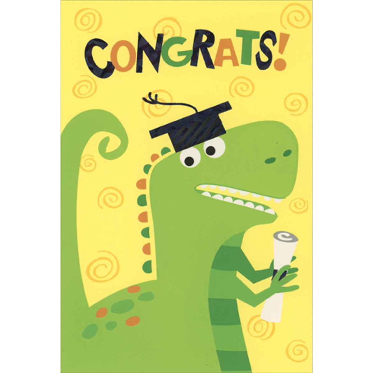 Pictura Green T-Rex Holding Diploma on Yellow with Swirls Elementary ...