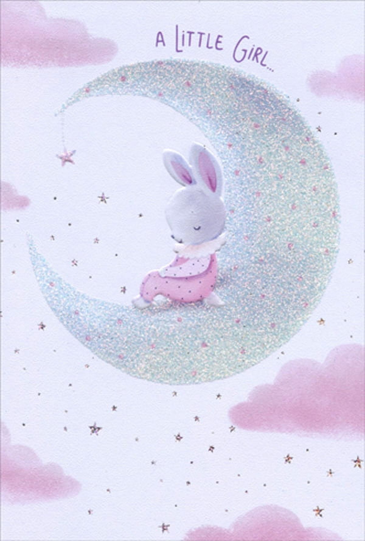 Pictura Pink Bunny On Moon Baby Girl Congratulations Card, Glitter ...