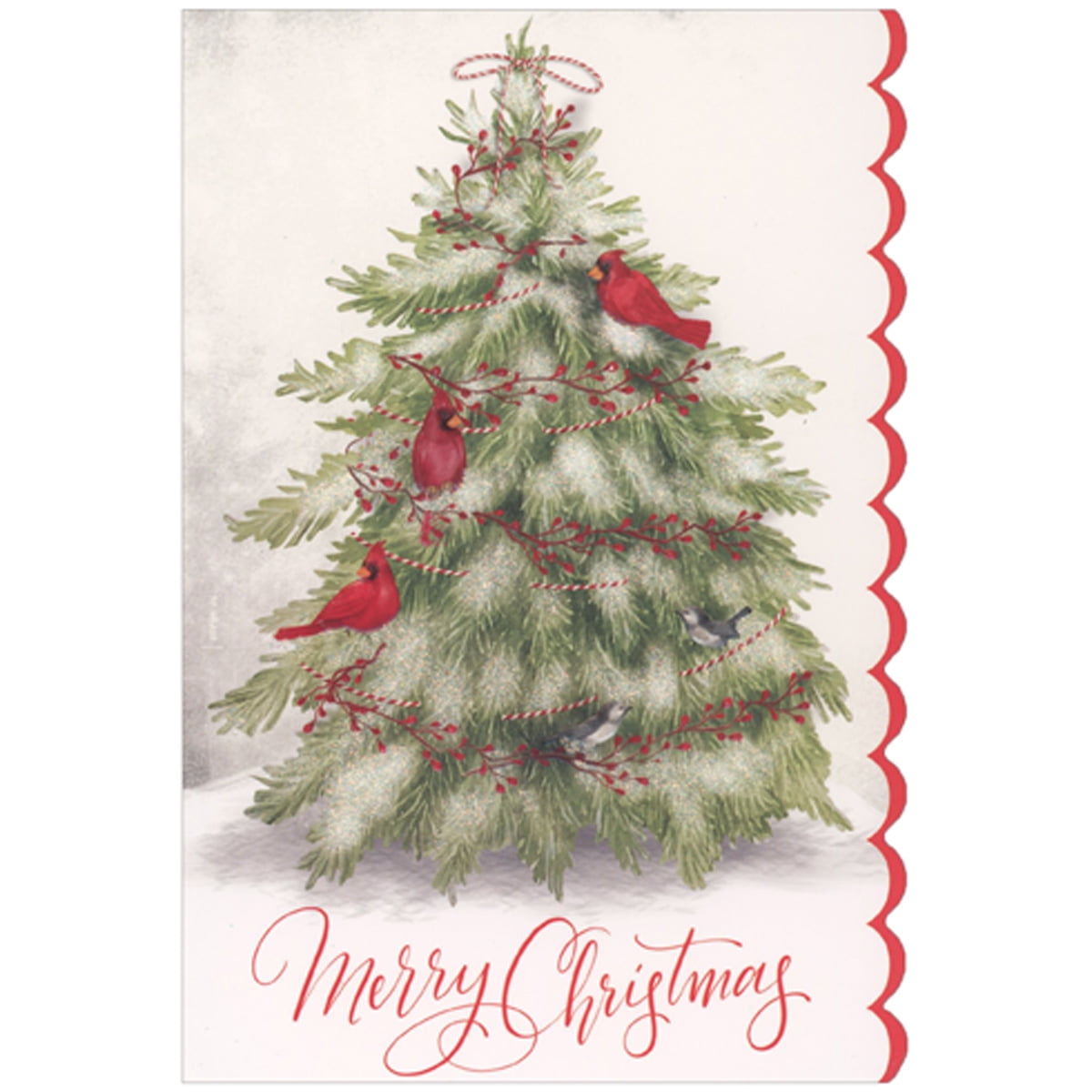 Pictura Three Cardinals and Two Grey Birds Perched on Shimmering Pine ...