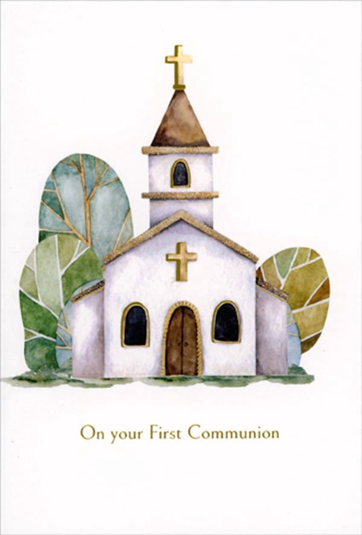 Pictura White Church with Brown Door and Roof First / 1st Communion ...
