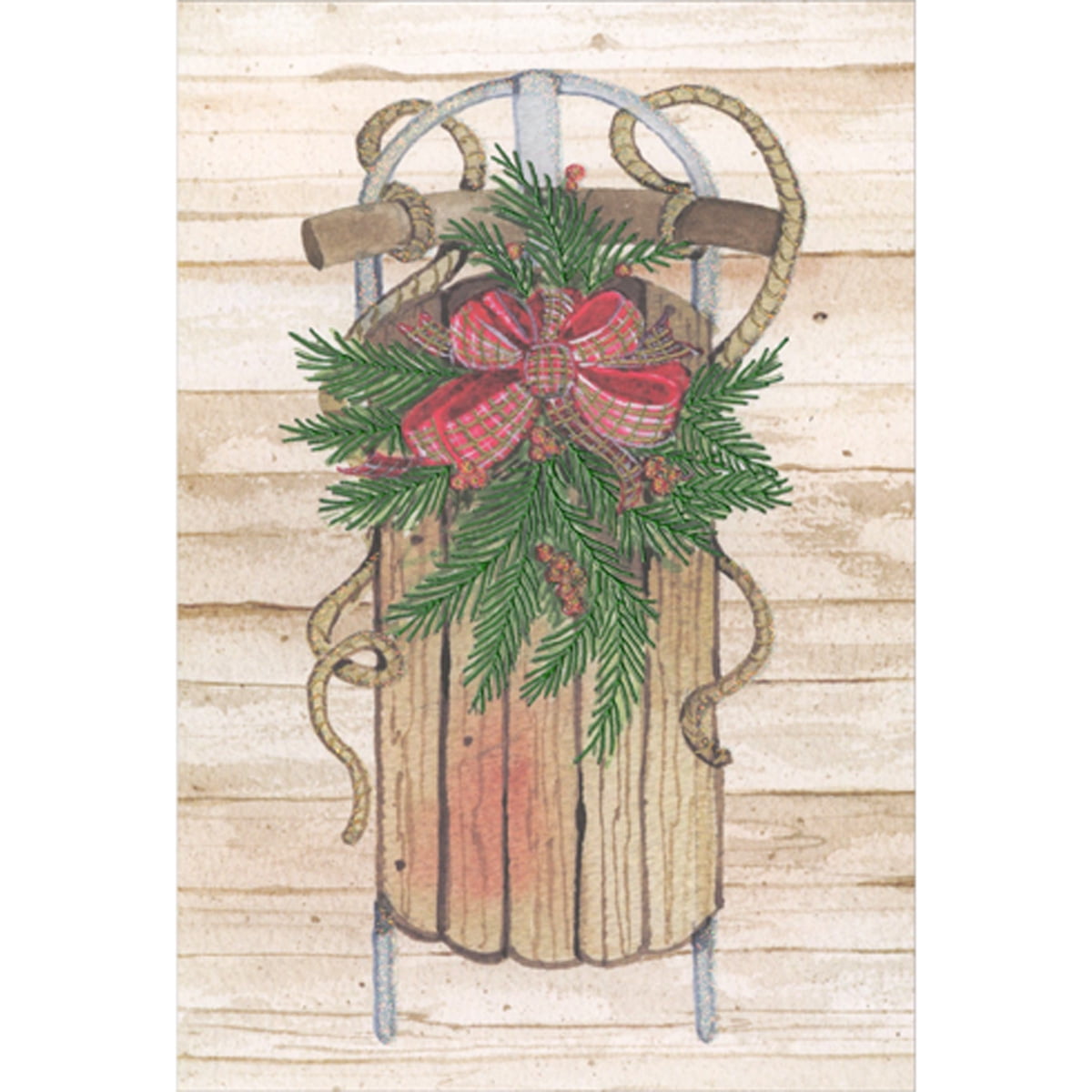 Pictura Wooden Sled with Pine Swag Hanging on Wood Slat Wall Christmas ...