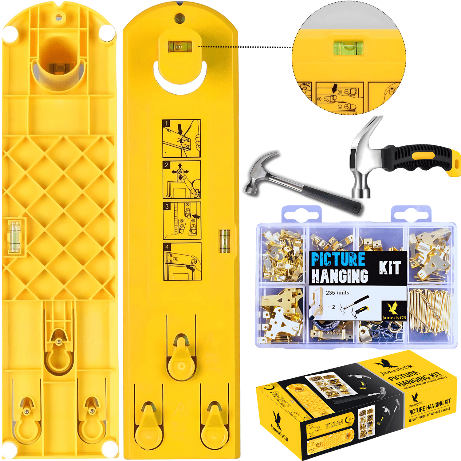Picture Hanging Kit Tool 225-Piece – Easy Level Ruler, 2 Hammers & More ...