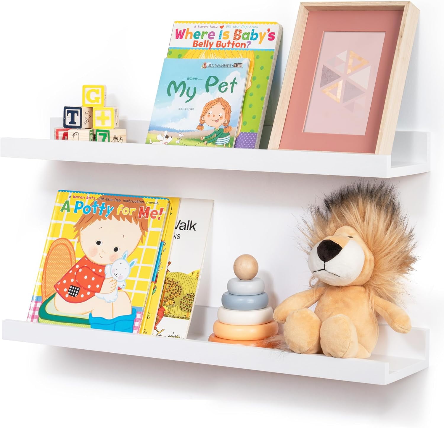 Picture Ledge Shelf for Wall, 24 inch Solid Pine Wood Nursery Book ...