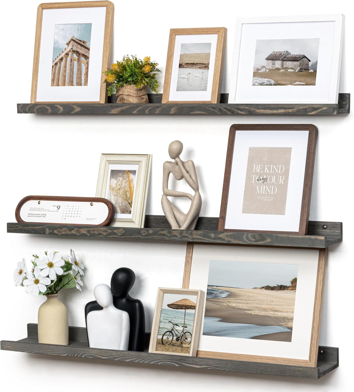 Picture Ledge Wall Shelves - 36 Inch Width Set of 3, Solid Pine Wood ...