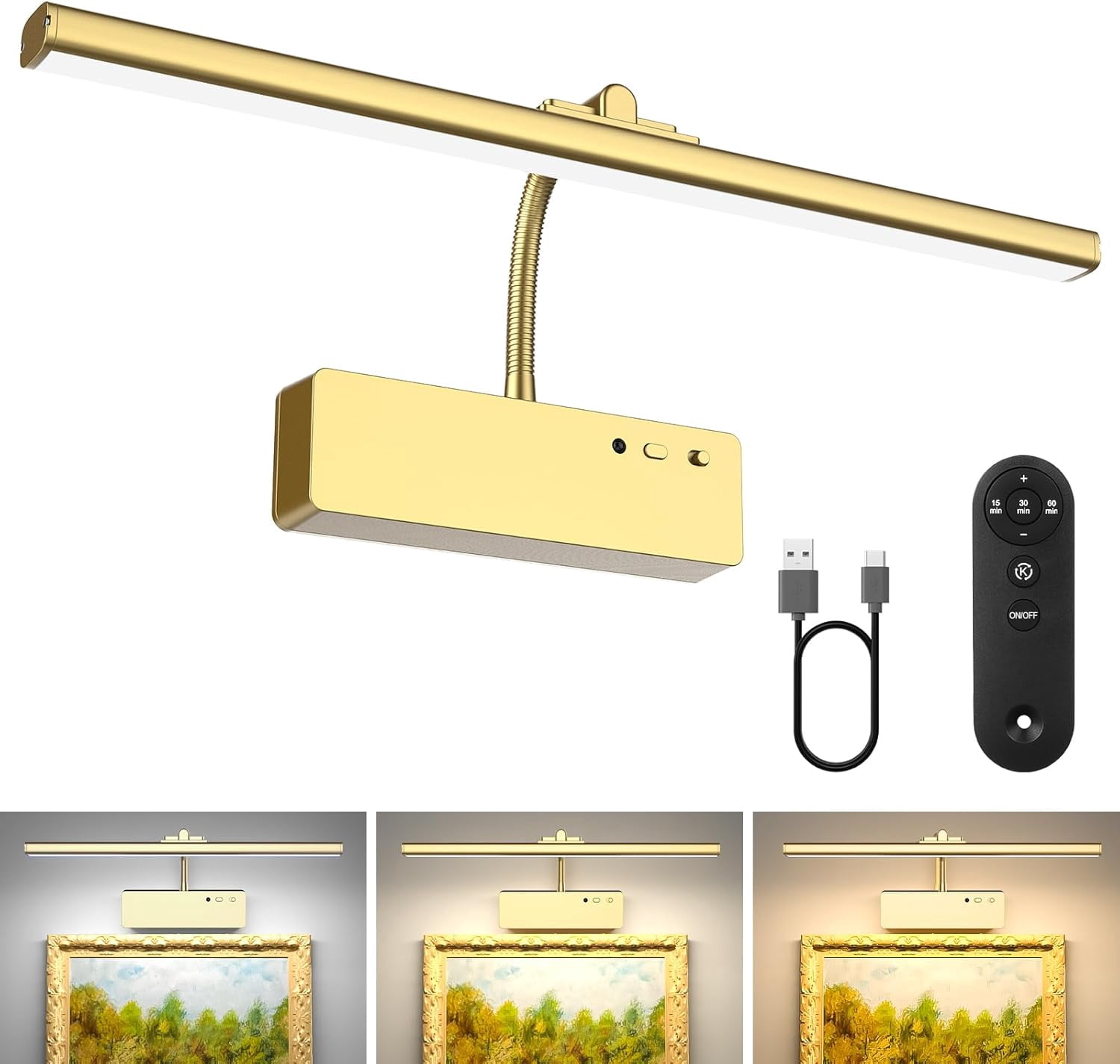 Picture Light with Remote, 15.35inch Wireless Rechargeable Battery Wall ...