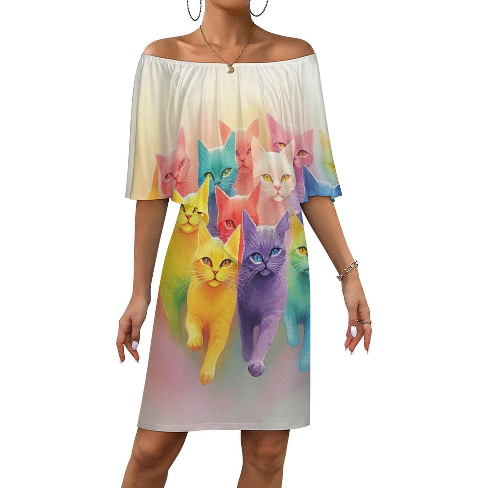 Pictures Of Cats Women's Off The Shoulder Ruffles Summer Wedding Guest ...