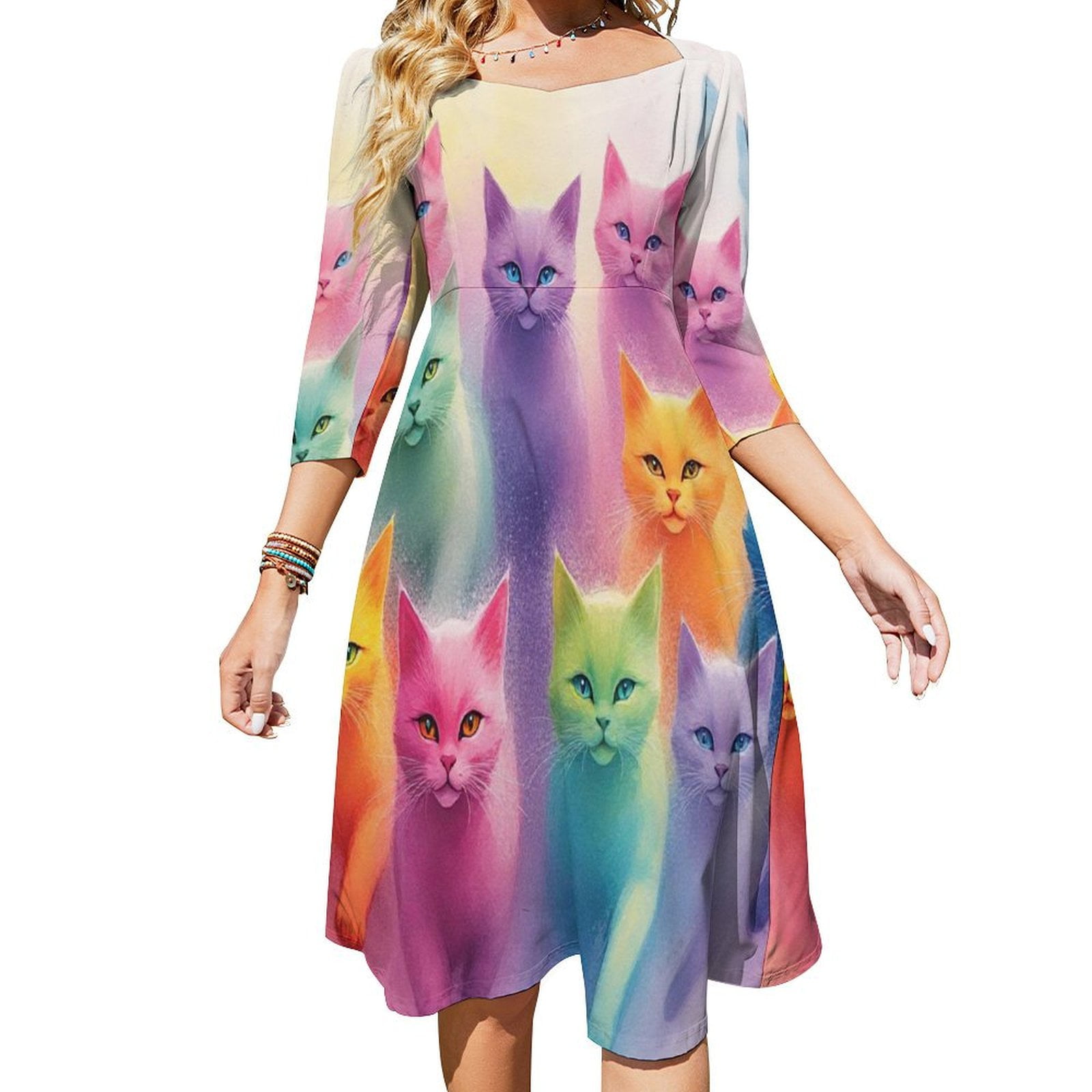 Pictures Of Colorful Cats Womens Summer Dress Tie Back A Line Flare ...