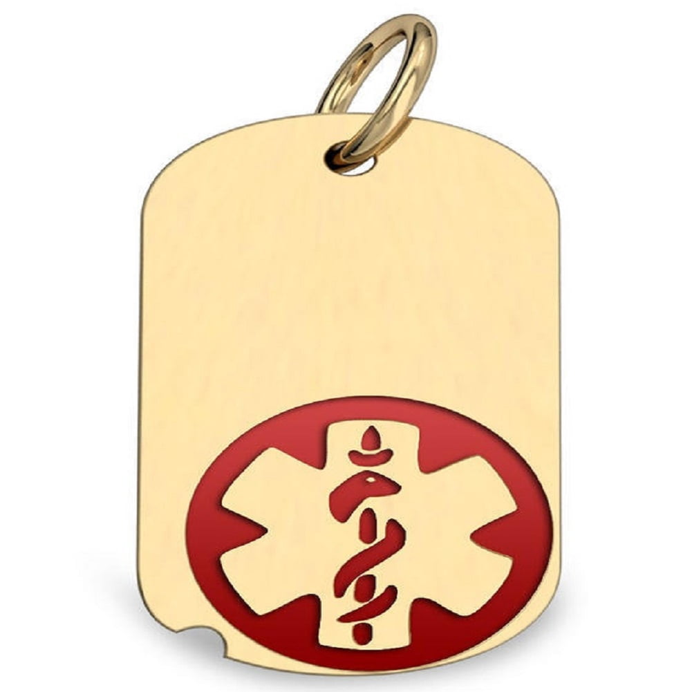Picturesongold.Com 14K Yellow Gold Dog Tag Medical Pendant W/ Red ...