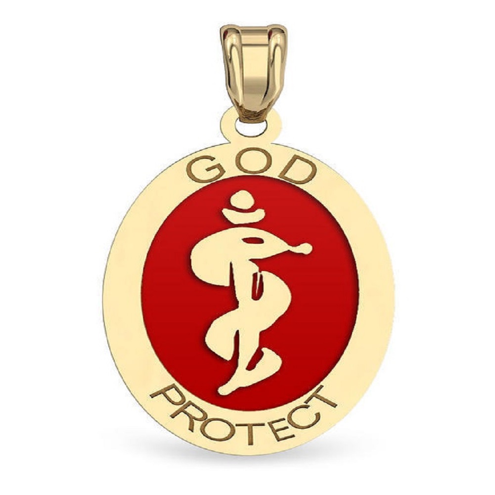 Picturesongold.Com 14K Yellow Gold Oval "God Protect" Medical Pendant W ...