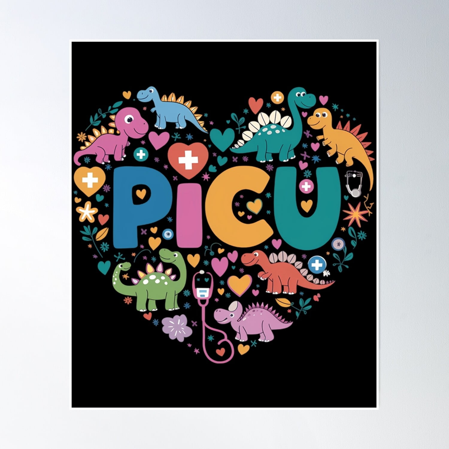 Picu Pediatric Nurse Heart Cute Dinosaur Physical Peds Squad Poster Wall Art, Modern Wall Decor ...