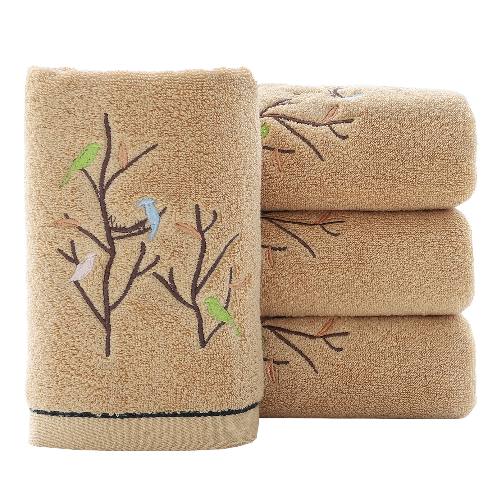 Pidada 100% Cotton Embroidered Bird Tree Pattern Hand Towels, Brown Set ...