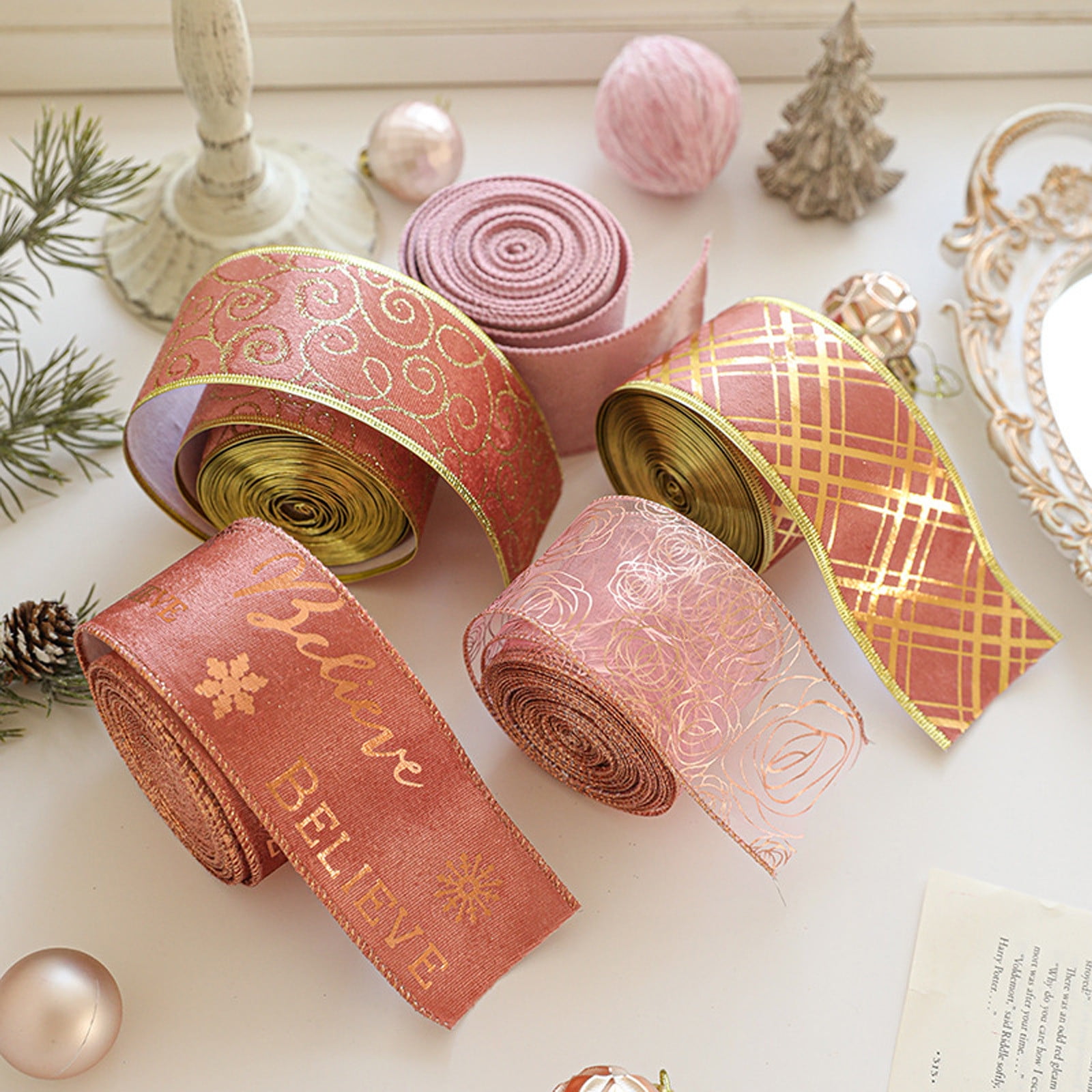 Pidgey 6.56Ft Christmas Ribbon Wired - 2.5In Pink Christmas Balls Wired ...