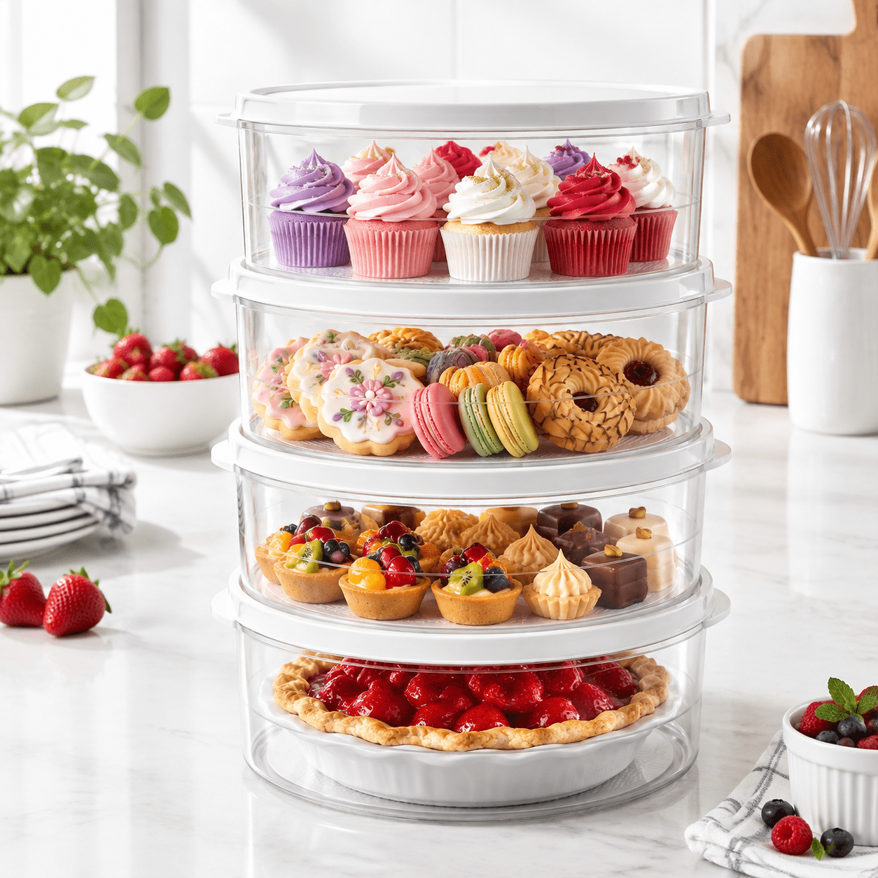 Pie Container 4-Pack, 11-inch Plastic Cake and Pie Carriers with Secure ...
