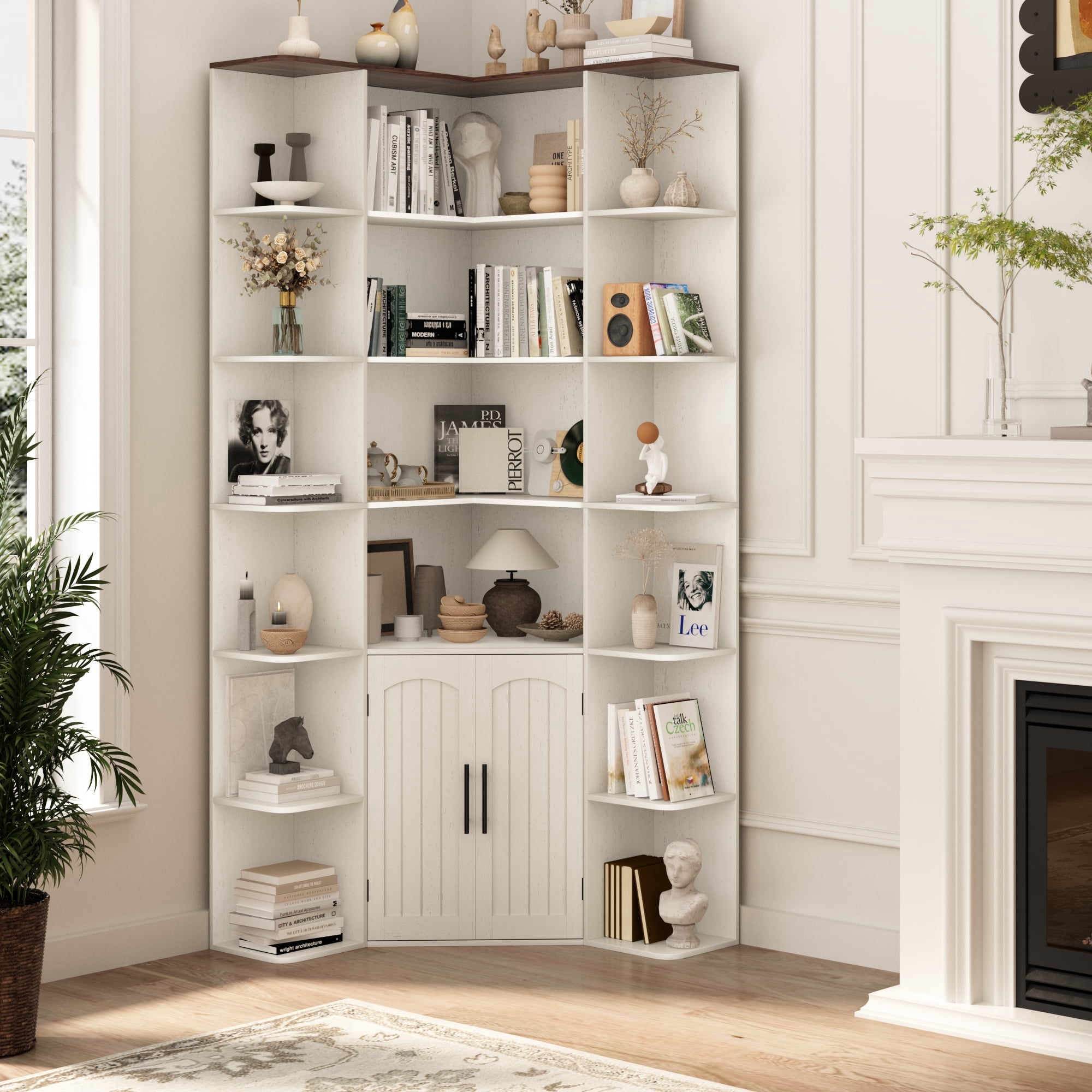 PieDle 74” Tall Corner Bookcase, 6-Tier Bookshelf with Cabinet & 2 ...