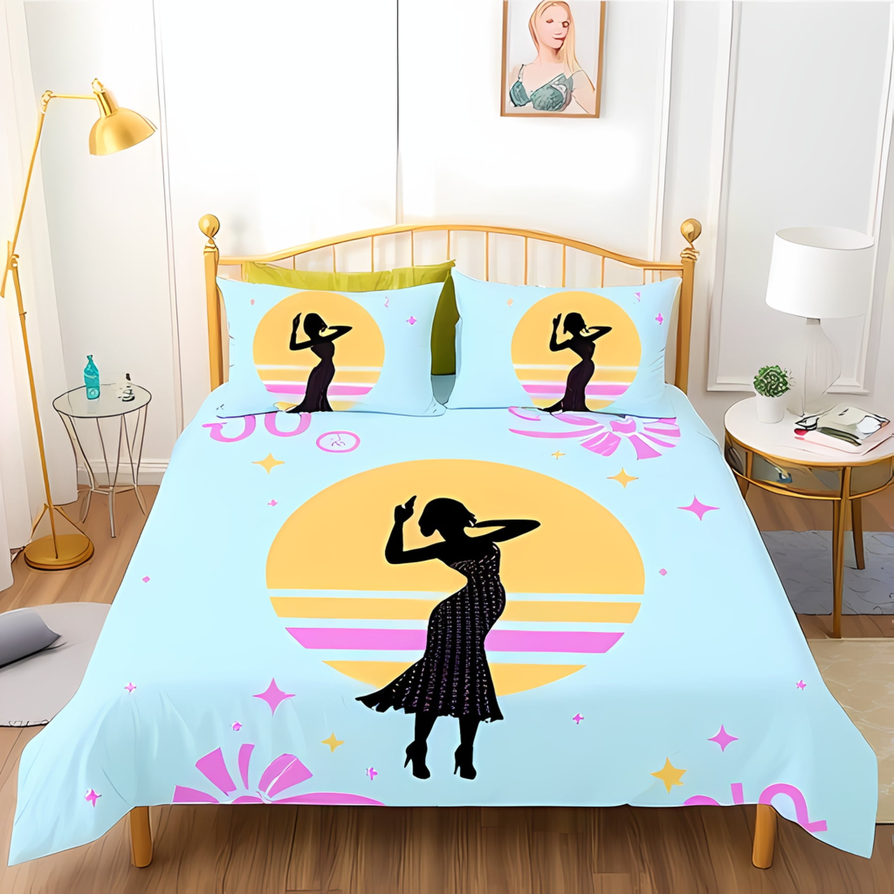 -Piece Duvet Cover & Pillowcase Set - Pastel Blue with Dancing & Sunset ...